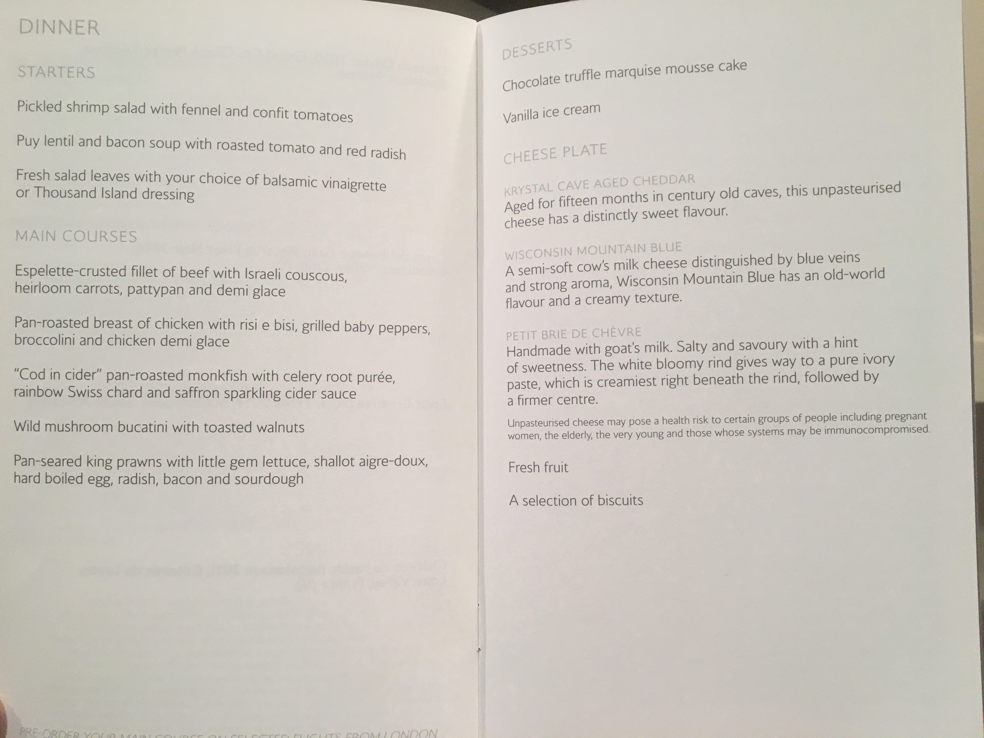 BA Dinner Menu : AirlineReporter